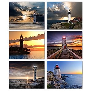 Small World Greetings Lighthouse Sunsets Notecards 12 Count - Blank Inside with Envelopes - Nature Stationery - Thank You, Birthday, Thinking Of You, and More - A2 Size (5.5”x4.25”)