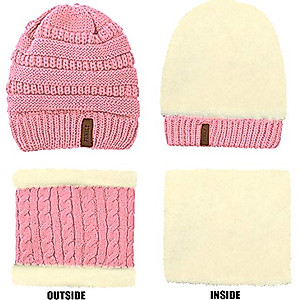 Girls Winter Hat Scarf Gloves Set for Cold Weather, Kids Beanie Hat Infinity Scarf Knitted Gloves Sets PInk Knit Thick Warm Fleece Lined Thermal Set for 6-10 Years Old Boy Baby Toddler Children