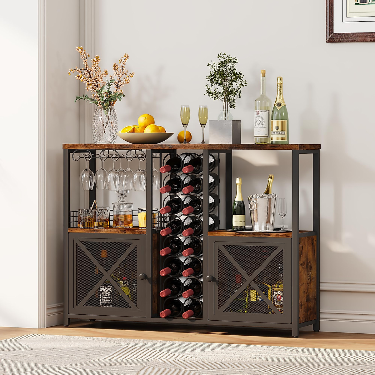 Homeiju Mini Bars for Home, Wooden Coffee Bar Cabinet, Modern Liquor Cabinet for Liquor and Glasses, Farmhouse Buffet Wine Bar Cabinet with Storage Sideboard for Home Kitchen Dining Room