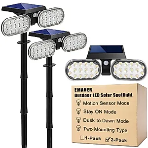 EMANER Motion Solar Lights Outdoor, Solar Floodlight, Stay On or Motion Sensor Mode, Dusk to Dawn Security Light, Landscape Spotlights for Garage Fence Driveway Solar Powered, 2-Pack