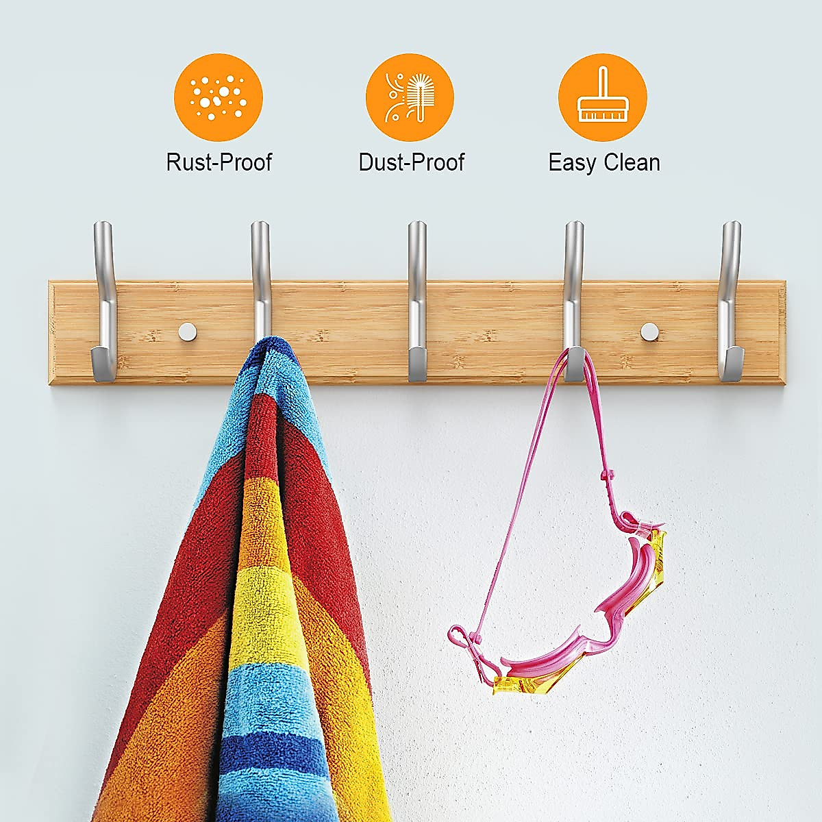 Anjuer Coat Hanger Rack 5 Hooks Heavy Duty Clothes Hat Holder Bamboo Board Silver Hooks