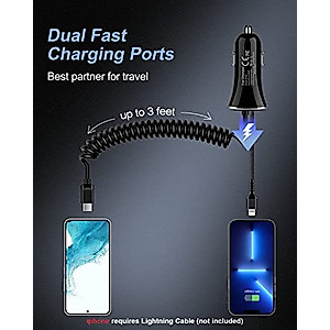USB C Car Charger, 3.4A Cigarette Lighter Fast Charging Adapter with 3ft USB-C Coiled Cable for Google Pixel 7 Pro 6a 6 5a 4 XL 3, Galaxy S23 Ultra S22 S21 A14 5G A13 A03s A51, iPhone 14 13, Car Plug