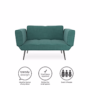 Novogratz Leyla Loveseat with Magazine Storage, Adjustable Sofa Bed Armrests to Convert into a Couch Sleeper, Teal Futon