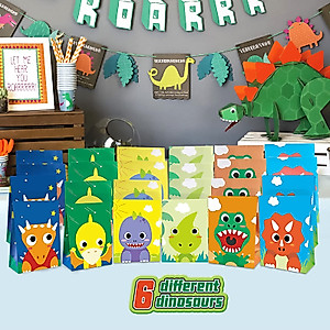 Mocoosy 24Pcs Dinosaur Party Favor Bags, Kids Goodie Bags for Birthday Party Supplies, Dinosaur Candy Treat Bags Small Paper Gift Wrap Bags for Dinosaur Theme Birthday Party Baby Shower Decorations