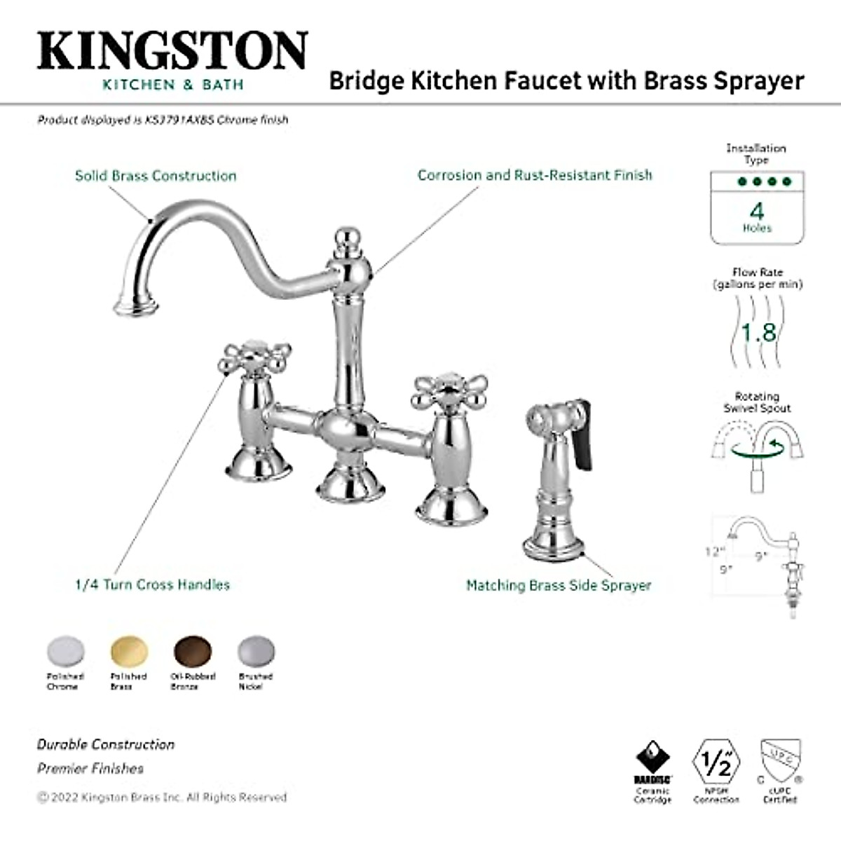 Kingston Brass KS3792AXBS Restoration Bridge Kitchen Faucet, 9", Polished Brass