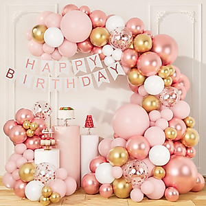 Grcypa Rose Gold Balloon Garland Arch Kit with Pink Rose Gold Balloons White Gold Confetti Balloons for Birthday Bridal Wedding Girl Baby Shower Graduation Anniversary Bachelorette Party Decorations