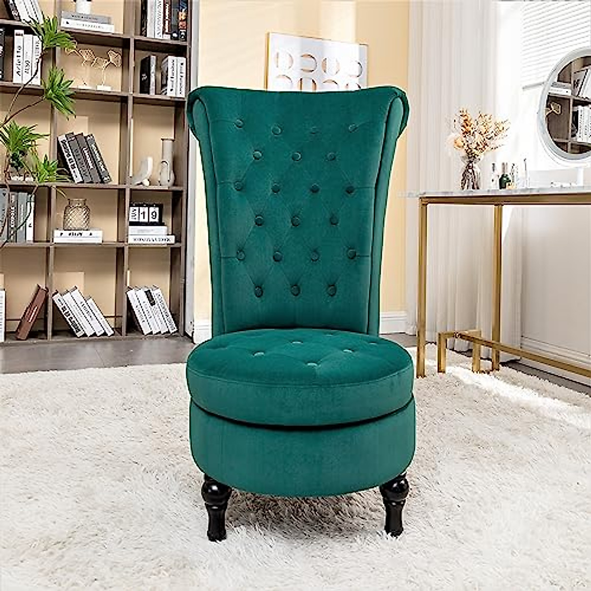 Container Furniture Direct Royal High-Back Velvet Accent Chair for Vanity with Storage and Luxurious Upholstery, Retro Design and Versatile Usage for Living Room, Bedroom, Lounge and Office, Green
