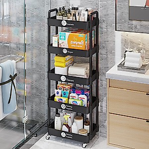 UDEAR 5-Tier Rolling Utility Cart with 12 Category Labels,Multifunctional Storage Shelves with Handle and Lockable Wheels for Room,Office,Kitchen,Bathroom,Black