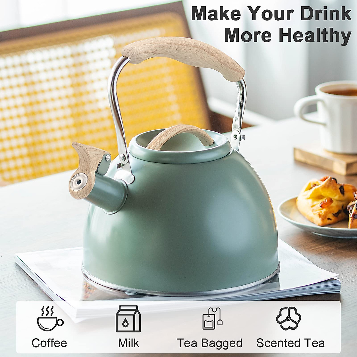 3.2 Quart Whistling Tea Kettle for Stove Top Stainless Steel Tea Pots With Wood Pattern Anti-slip Handle, Green…