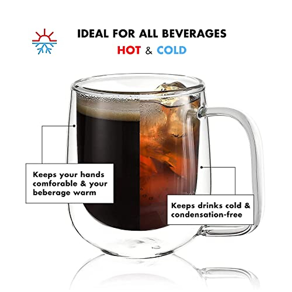 vzaahu Double Wall Coffee Mugs with Handle [2-Pack,12 Oz] Glasses Espresso Cups Clear Glass Coffee Mug Set for Cappuccino Tea Latte Beverage, Glasses Heat Resistant Dishwasher Microwave Safe