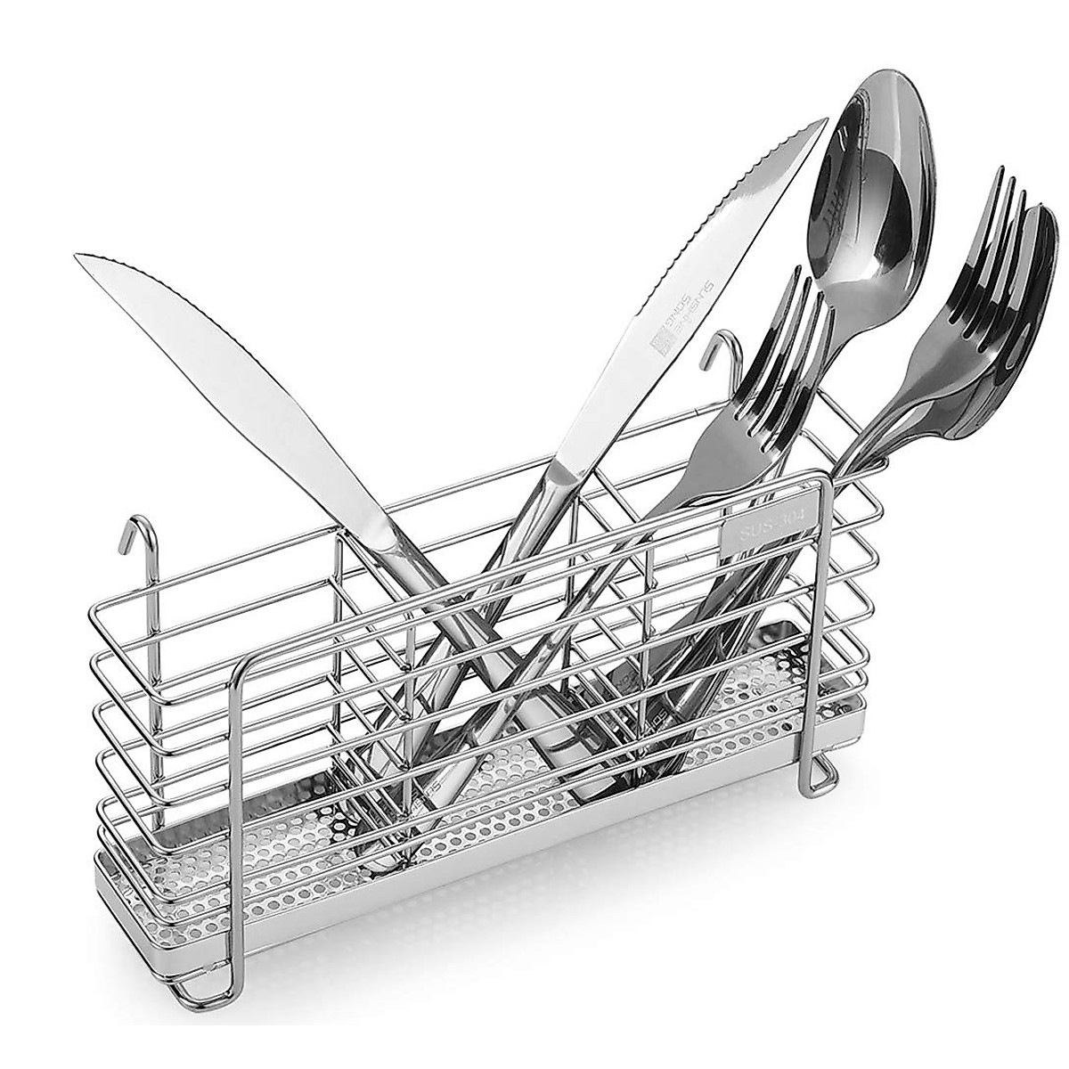 KESOL Sturdy 304 Stainless Steel Utensil Drying Rack Basket Holder with Hooks 3 Divided Compartments, Rust Proof, No Drilling