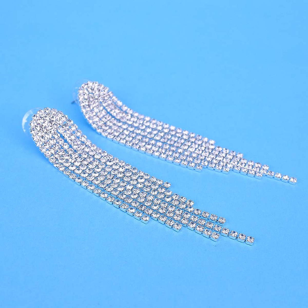 Mlouye Long Crystal Tassel Earrings Fringe for Wedding Women Bridal Dangling Chain Dangle Drop Earring Silver Tone Clear