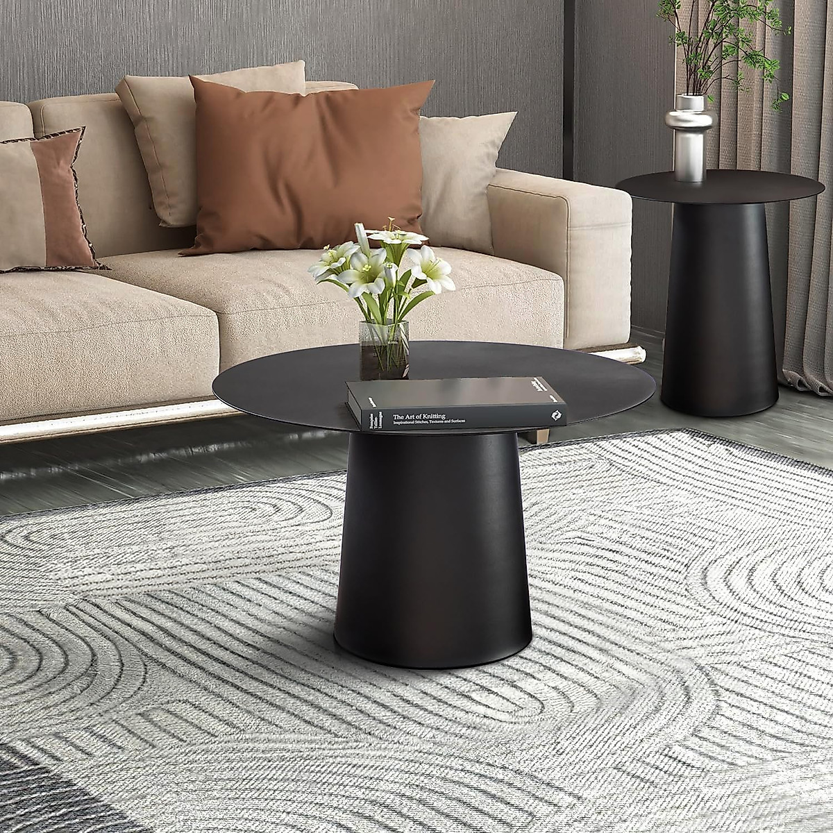 ALOADECOR W24 in. Small Black Round Coffee Table Contemporary Coffee Table Metal Single Circle Coffee Table for Living Room Modern Concrete Coffee Table for Bedroom