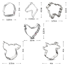 Barnyard Cookie Cutter Set 6 Pc - Fluffy Sheep 3.75 in, Chicken 3.75 in, Horse Head 3.5 in, Barn 3 in, Cow Face 4.25 in, Pig Face 4.25 in - Foose Cookie Cutters - USA Tin Plated Steel