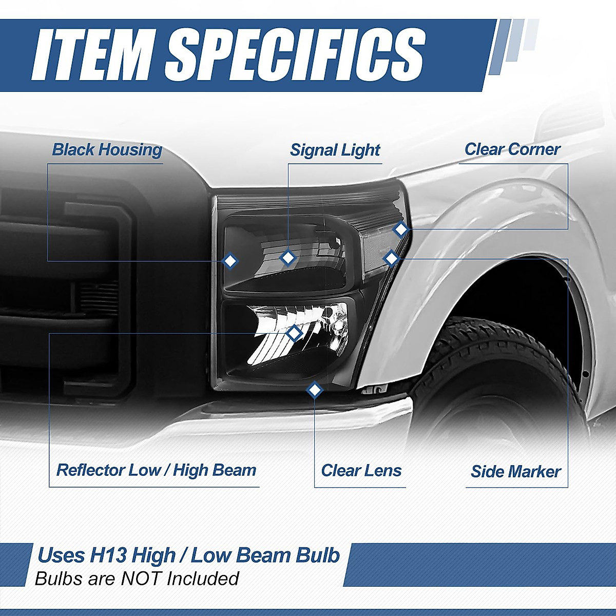 Auto Dynasty [Halogen Model Factory Style Headlights Assembly Compatible with Ford F-250 F-350 F-450 F-550 Super Duty 11-16, Black Housing Clear Corner