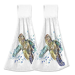 Watercolor Sea Turtle Hand Tower 2 pcs Home Decorative Dish Towel Summer Ocean Animal Hanging Tie Towels for Bathroom Fingertips Towels Kitchen Super Absorbent Washcloth