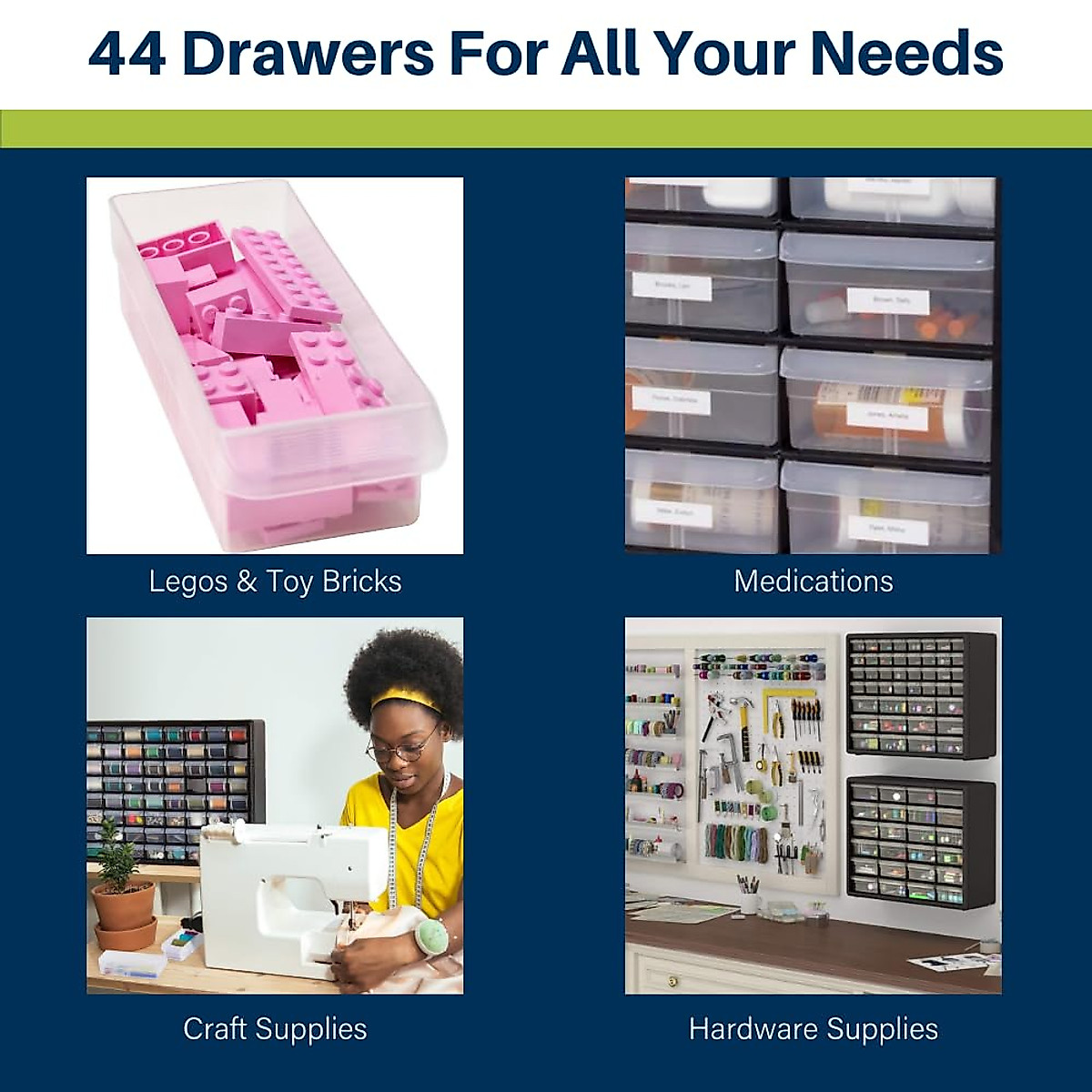 Akro-Mils 10144, 44 Drawer Plastic Parts Storage Hardware and Craft Cabinet, 20-Inch W x 6.37-Inch D x 15.81-Inch H, Black