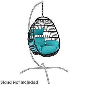 Sunnydaze Dalia Black Steel and Polyethylene Wicker Hanging Egg Chair with Teal Polyester Seat Cushions - Bohemian Single Lounge Chair - Collapsible Nylon Rope Back - 45-Inch Tall