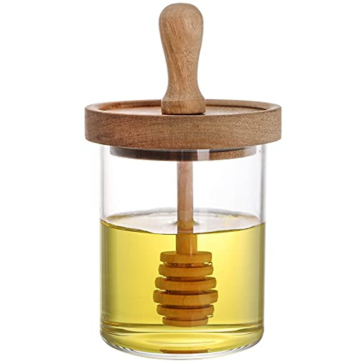 Lawei Glass Honey Jars with Wooden Dipper and Lid - 13 Oz Honey Pot Clear Glass Syrup Container for Storage