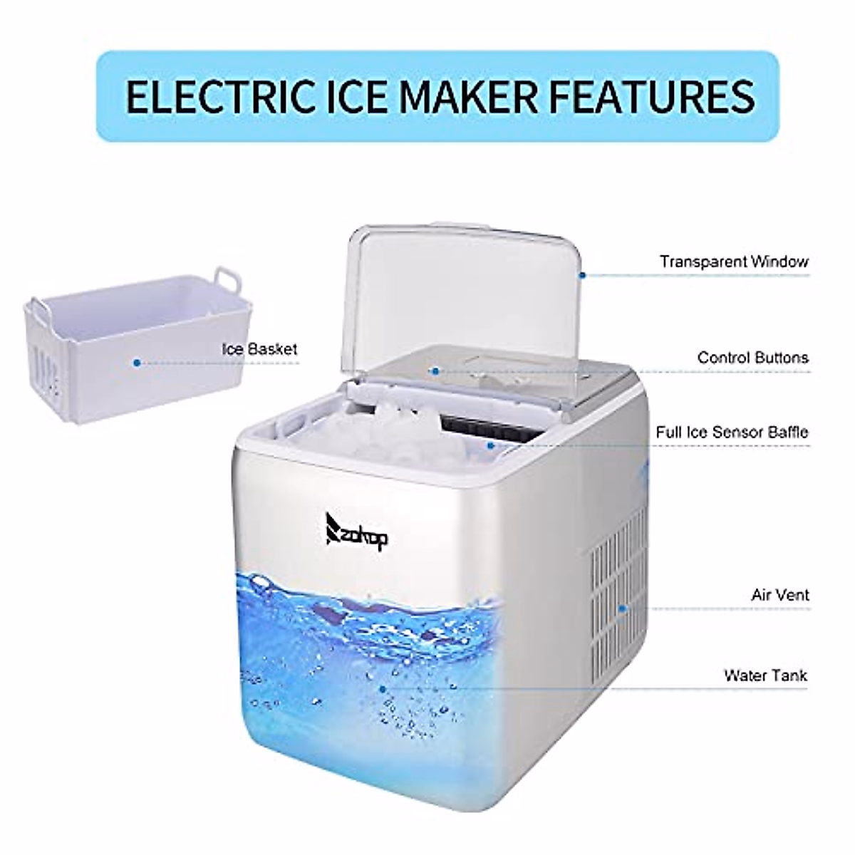 NA 120V 150W 44lbs/20kg/24h Ice Maker ABS Transparent Cover/Display Commercial/Home Silver