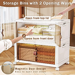 Jacriah Plastic Storage Bins with Lids, 4 Layer Collapsible Storage Bins with Doors,14.7 Gallon Folding Storage Boxes with Wheels for Closet Organizer, Stackable Home Cabinet Storage Bins with Handles