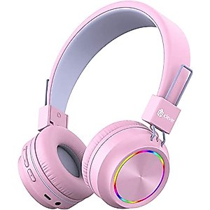 iClever BTH03 Kids Bluetooth Headphones Safe Volume, Colorful LED Lights, 25H Playtime, Stereo Sound Mic, Bluetooth 5.0, Foldable, On Ear Kids Wireless Headphones for Tablet Airplane (Pink)