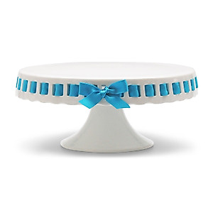 10 inch Pedestal Footed Cake Display Stand with Scalloped Edge and Interchangeable Ribbon Trim (Includes 3 Grosgrain Ribbons) Perfect for Wedding Cakes Baby Showers Birthdays