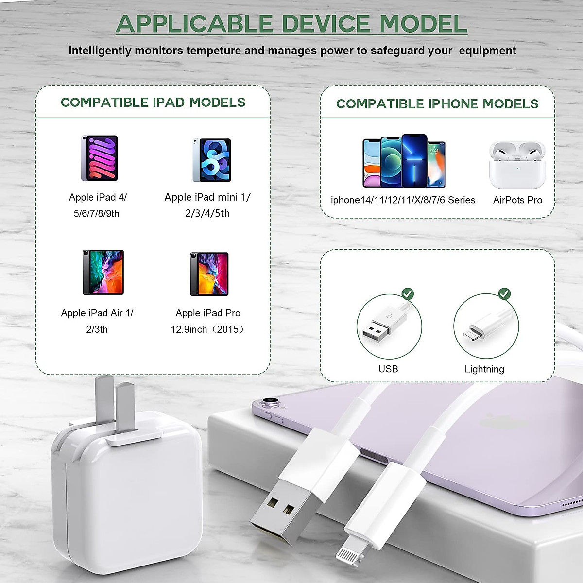 iPad Charger iPhone Charger, 2-Pack 【Apple MFi Certified】 12W Charger iPad Foldable Portable Travel Plug with 3.3FT Lightning Cable Compatible with iPhone, iPad, iPad Mini 1/2/3/4/5, iPad Air 1/2/3