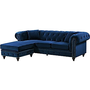 Meridian Furniture Sabrina REVERSIBLE 2 Piece Button Tufted Velvet Sectional with Scroll Arms, Nailhead Trim, and Custom Wood Legs, Navy