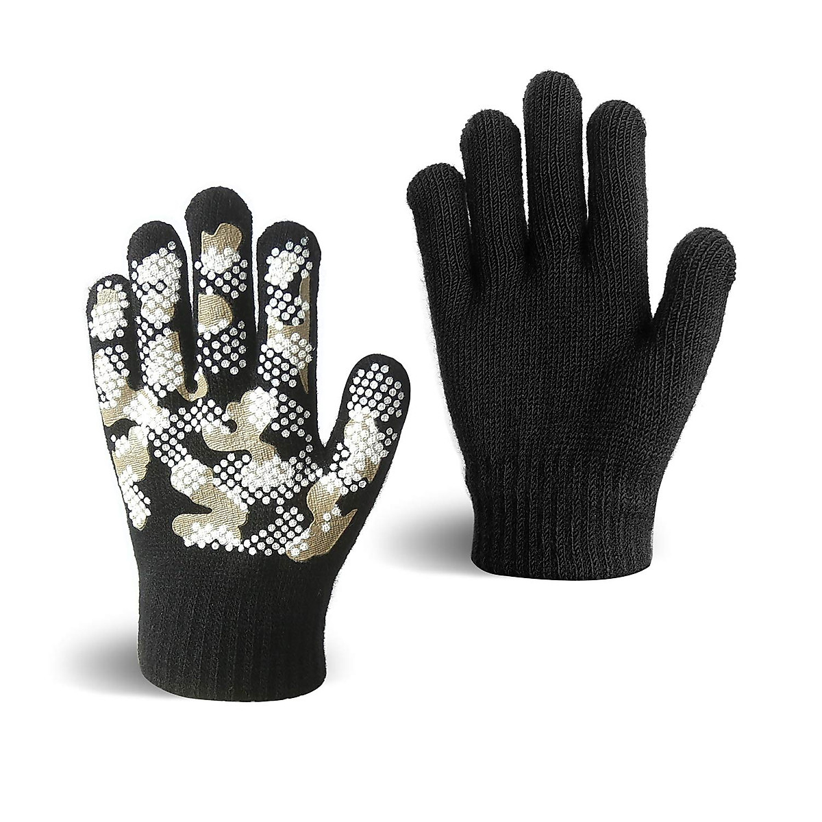 Evridwear 3 Piece Kids Children Boys Girls Magic Grip Winter Fall Gloves and Hat Set for Cool Cold Weather (Camo Black)