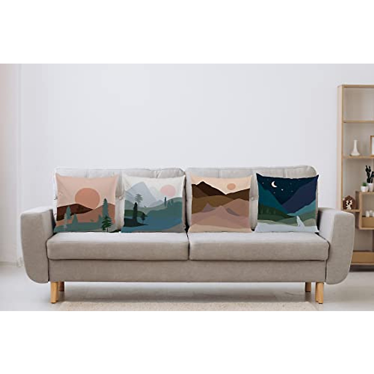 Boho Sun Sunrise Sunset Moon Stars Mountains Abstract Nature Landscape 18''x18'' Set Of 4 Throw Pillow Case Decorative Home Bedroom Office Hotel Cushion Cover,Sofa Bed Couch Decor,Boho Lovers Gift