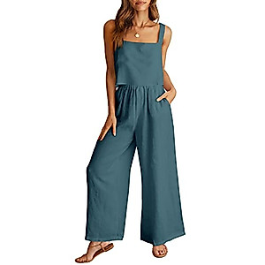 ANRABESS Women's Two Piece Outfits Summer Vacation Cruise Resort Wear 2023 Clothes Casual Linen Tank Crop Top Wide Leg Pants Matching Lounge Set Jumpsuit 732qinglan-L
