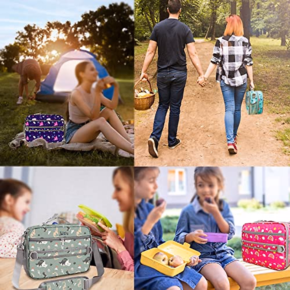 Jiltlu Kids Insulated Lunch Bags, Boys Girls Expandable Lunch Box Reusable Leakproof Portable with Removable Shoulder Strap for School Office Picnic-Olive Green-Dino