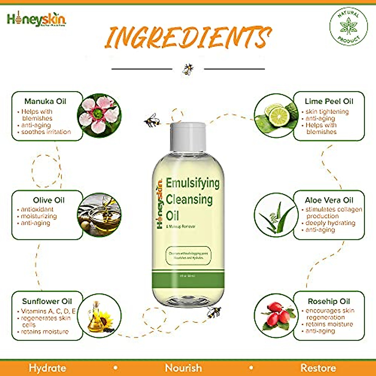 Emulsifying Deep Cleansing Oil and Make Up Remover - Face Cleanser for Women with Manuka Oil - Facial Moisturizer and Pure Cleansing Oil for All Skin Types (4oz)