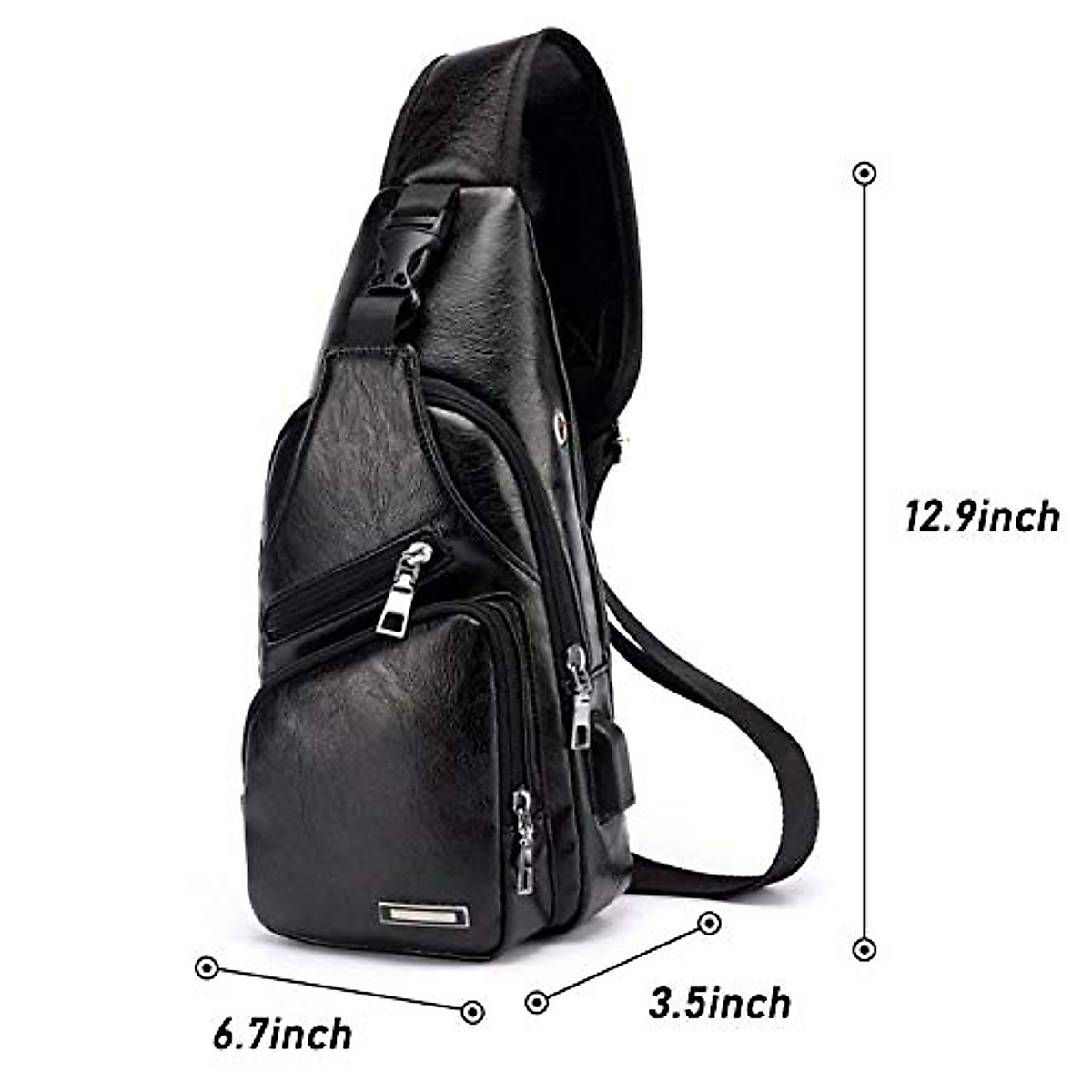 QICHUANG Men Sling Bag Leather Unbalance Chest Shoulder Bags Casual Crossbody Bag Gift for Men (black)