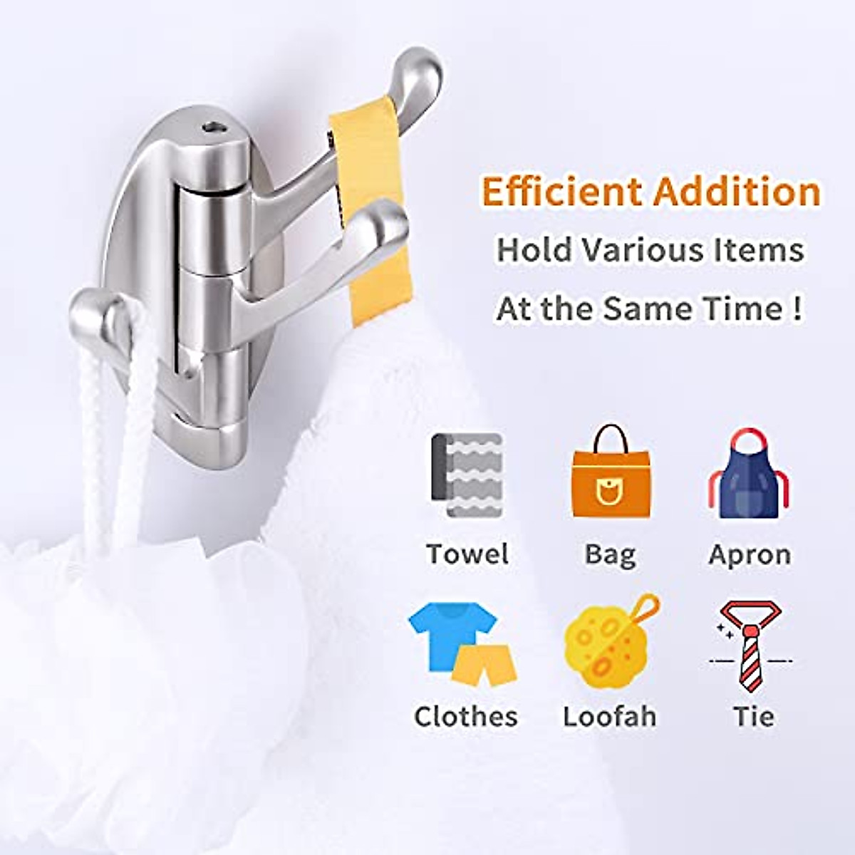 Angle Simple Folding Towel Hook Brushed Nickel, Metal 3 Arms Swivel Hook, Flexible Robe Coat Hook, Space Saving Wall Hook for Bathroom RV