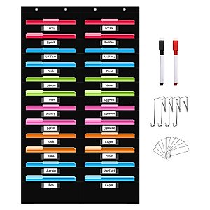 REGELETO 24 Pocket File Storage Pocket Chart with 24 Nametag Pockets,Hanging Wall File Organizer for Classroom and Office, Organize Your Assignments, Files, Scrapbooks, Paper (Black)