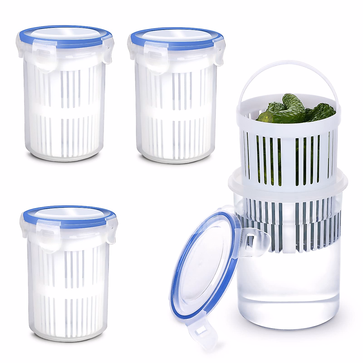 BestAlice 4 Pack Pickle Jar with Strainer Insert, Transparent Pickle Storage Container with Leaks-Proof and Lock It Lid, Pickle Holder Keeper Lifter, Barrel of Olive Jalapeno, Food Storage Container