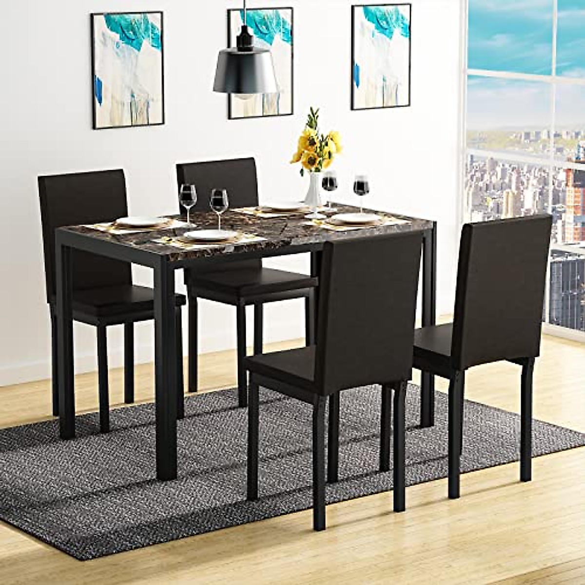 AWQM Dining Table Set for 4, Modern Kitchen Table and Chairs Set, Faux Marble Tabletop and 4 PU Leather Upholstered Chairs Dining Set for Living Room, Kitchen, Dining, Compact Space - Brown