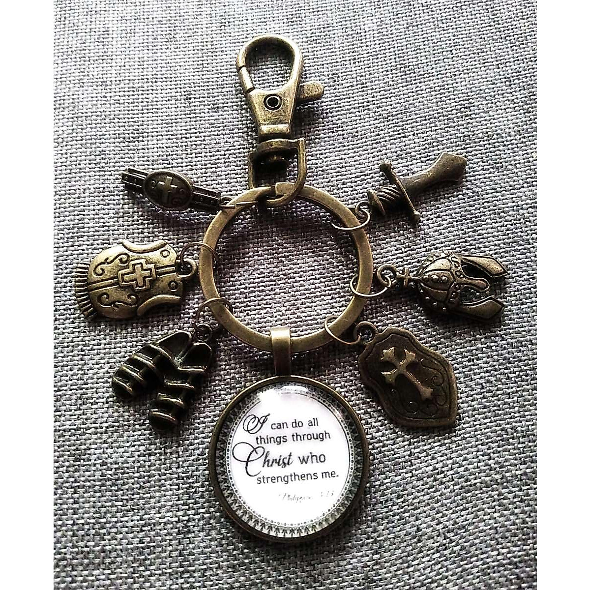 Unisex Christian Keychain, purse charm, zipper pull with I can do all things through Christ and Armor of God Tibetan Bronze Charms