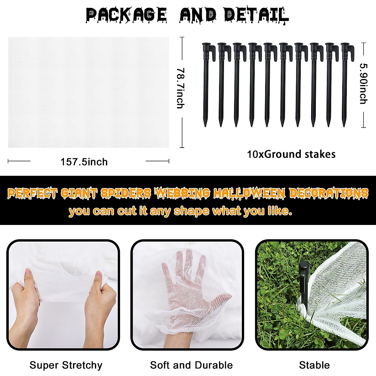 SelfTek 650 Sqft Giant Spid-er Web Halloween Decorations,Beef Netting Stretchy Spid-ers Webbing, Cut-Your-Own Flexible Large Outdoor Spid-er Web Gauze Spid-erwebs Cobwebs for Halloween Decor