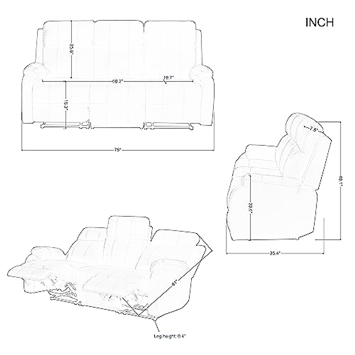 YUNLife&Home 3-Seat Velvet Upholstered Manual Wall Hugger Chair RV Sofa,Double Recliner Sectional Lounge Couch with Soft Padded Headrest&Pillow Top Armrest for Living Room/Apartment/Office/Theater