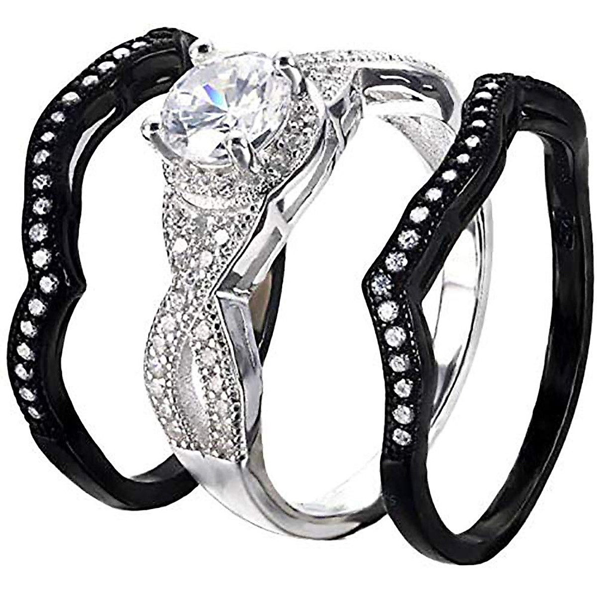VPKJewelry Real 925 Sterling Silver Wedding Engagement 3 pc set Black White Weddings Engagement Adult Ladies Womens Ring 3.60 ct (10)