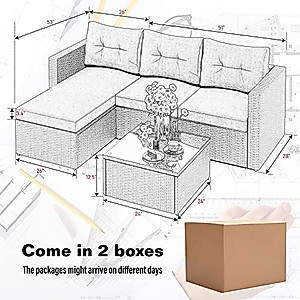 PHI VILLA Patio Sofa Set,3 Pieces All-Weather Upgrade Wicker Outdoor Sectional Sofa,L-Shaped Small Patio Conversation Furniture Set with Cushion and Coffee Table(Beige)
