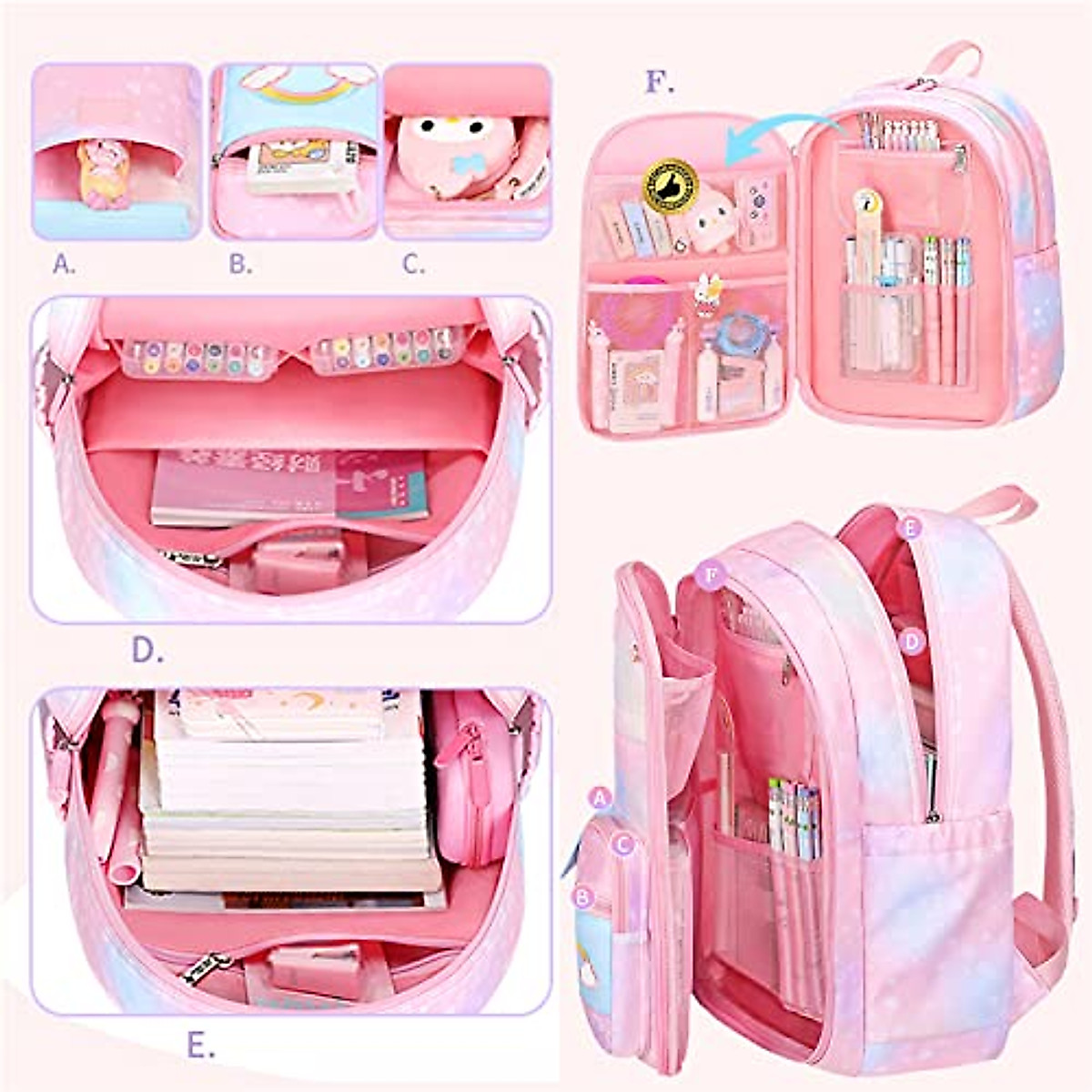 Kawaii Backpack Pink Girls Backpack Starry Rainbow Bookbag Cute Fashion Backpack Laptop Travel Bag (Pink-16.5in)