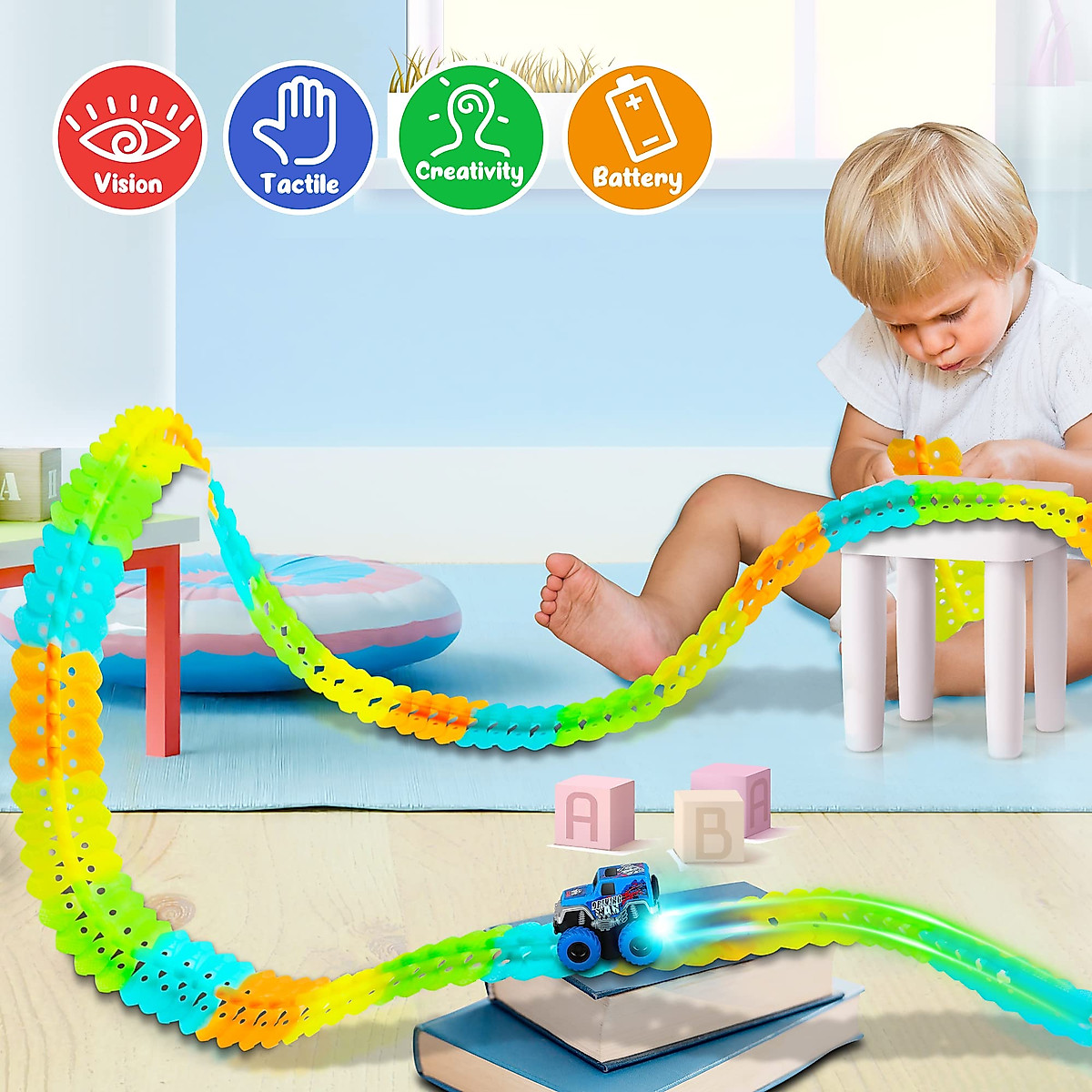 Race Car Track Toys for Kids, Race Car Toys with LED Light and Flexible Changeable Magic Track, Christmas Birthday Gifts Toys for Age 3 4 5 6 7 Years Old Boys Girls
