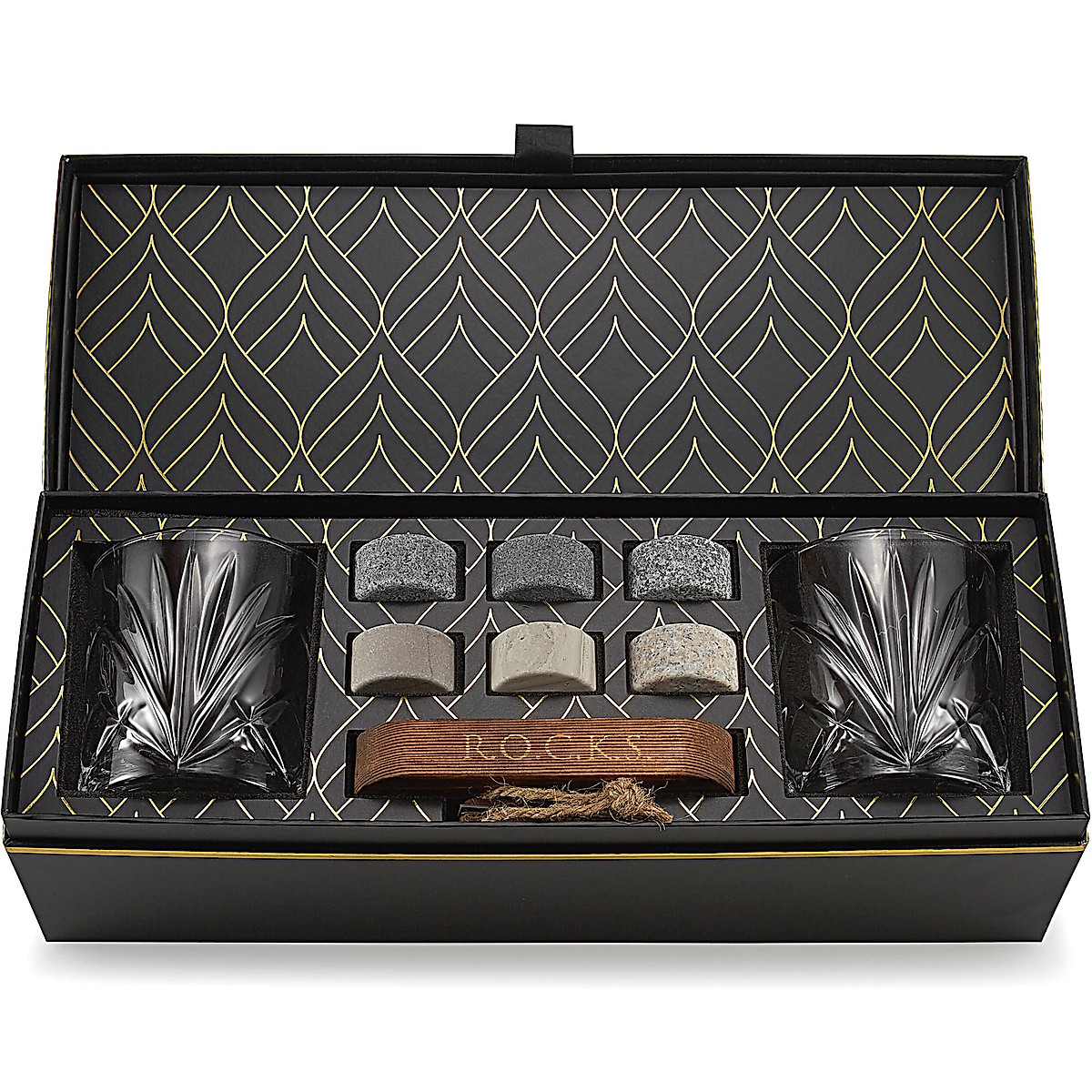 Whiskey Chilling Stones Gift Set - 6 Handcrafted Premium Granite Round Sipping Rocks - 2 Heavy Bourbon Glasses - Hardwood Presentation & Storage Tray - Elegant Gold Foil Gift Box by R.O.C.K.S.