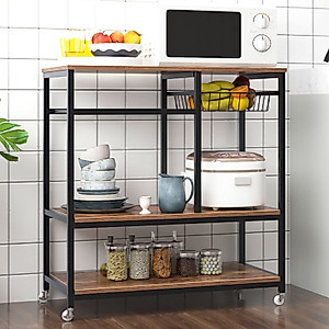 SogesPower Microwave Carts for Kitchen with Storage 3 Tier Rolling Bakers Rack Utility Kitchen Serving Cart on Wheels Outdoor Bar Cart Coffee Station, Dark Brown