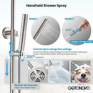 gotonovo Outdoor Shower Faucet Sets Brushed Nickel 304 Stainless Steel Shower Head with 2 in 1 Cylinder Handheld Spray 2 Function Exposed Shower Combo Set Wall Mount Single Handle