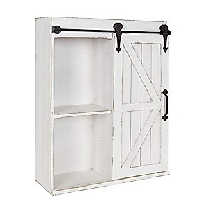 Kate and Laurel Cates Modern Farmhouse Decorative Wood Wall Storage Shelving Cabinet with Sliding Barn Door, Rustic White